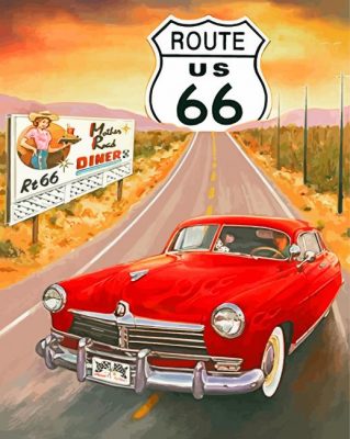 Red Car Route 66 - Paint By Number - Num Paint Kit